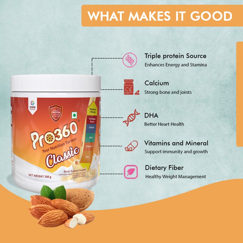 Pro360 Classic Daily Wellness Nutritional Protein Health Drink Supplement Powder for Men and ...